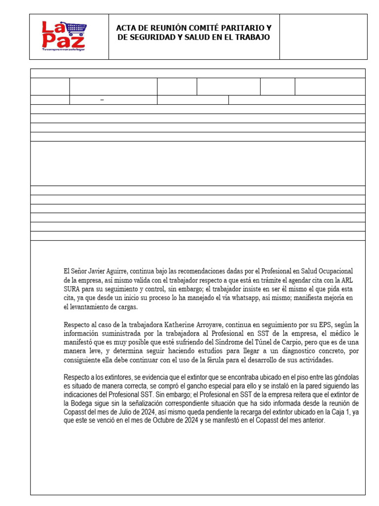 Acta Reunión COPASST Octubre 2024 | PDF | Business