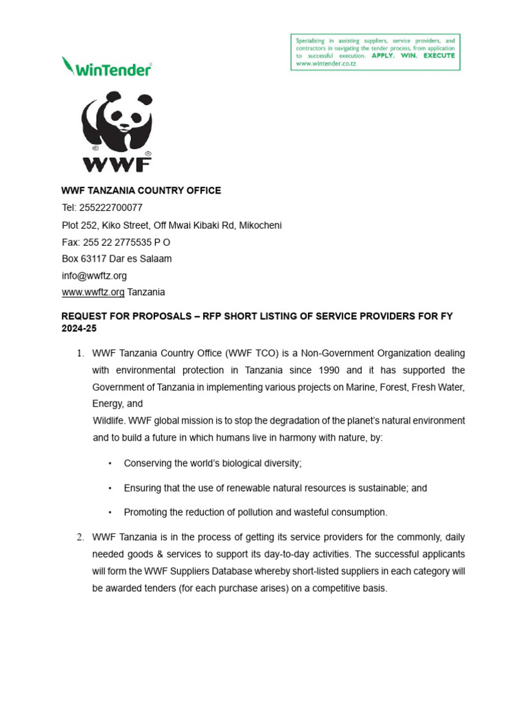 WWF Tanzania RFP for Service Providers | PDF | World Wide Fund For Nature