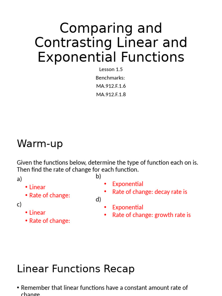 Comparing and Contrasting Linear and Exponential Functions: Lesson 1.5 ...