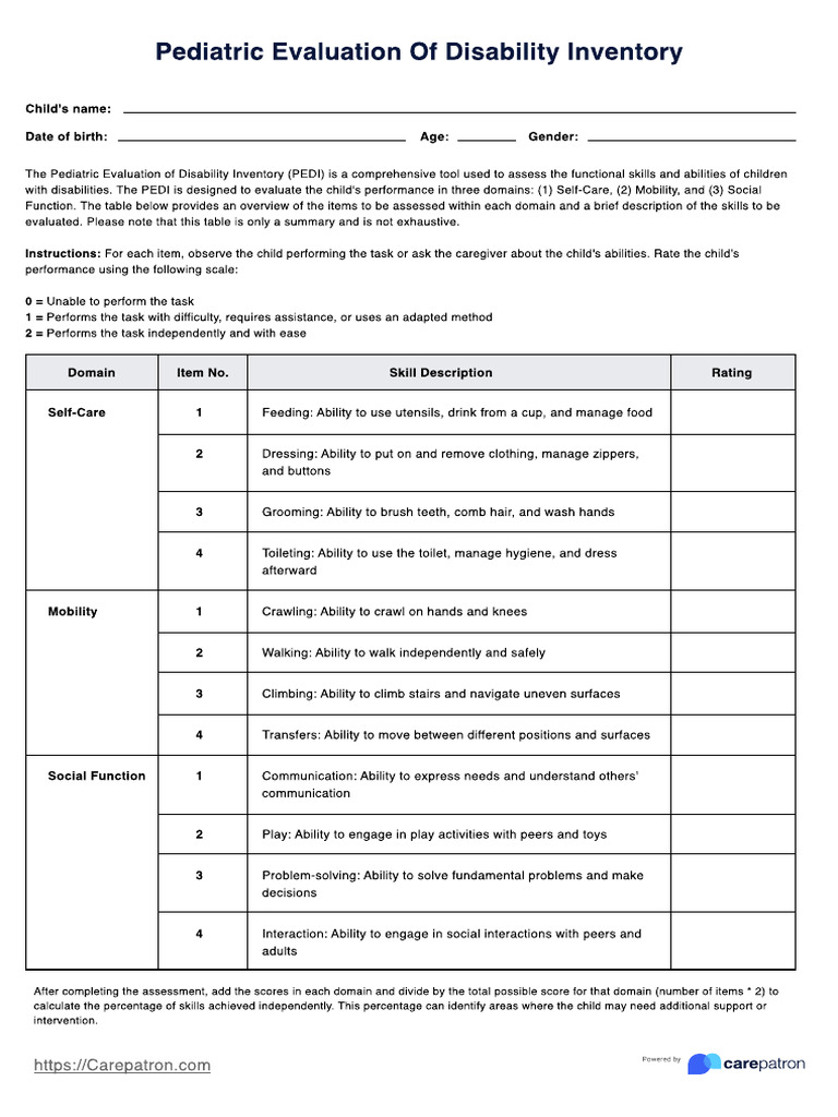 Pediatric Evaluation of Disability Inventory (PEDI) | PDF