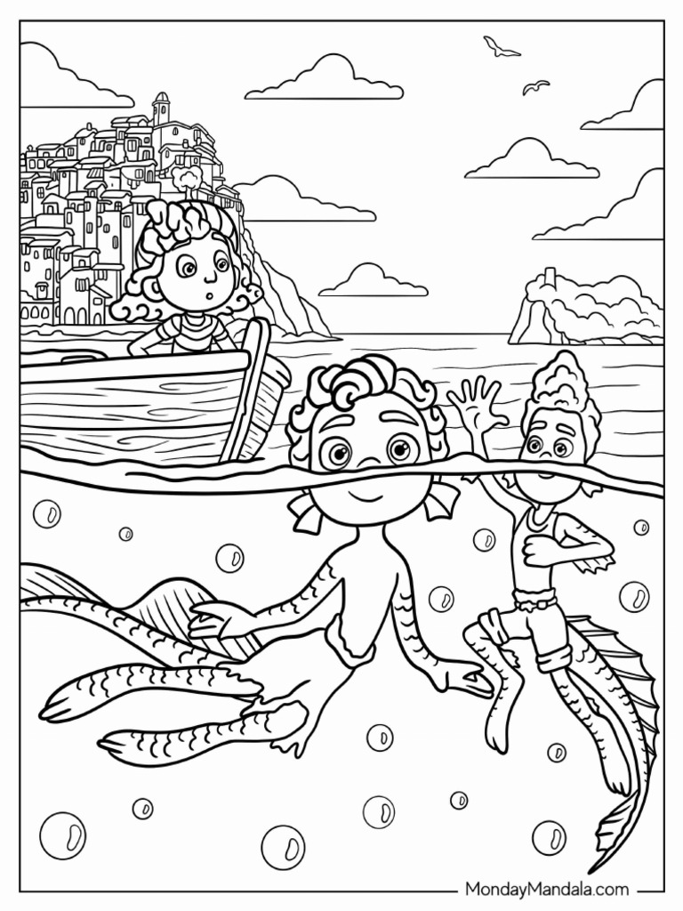 Giulia-On-A-Boat-While-Luca-And-Alberto-Swim-Coloring-Page | PDF