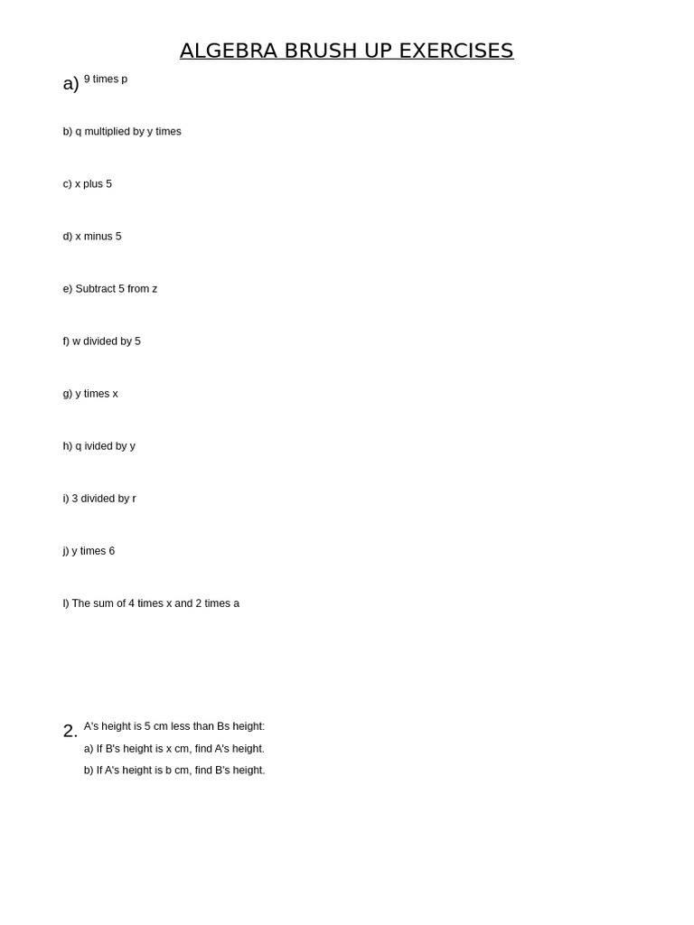 Algebra Brush Up Exercises | PDF