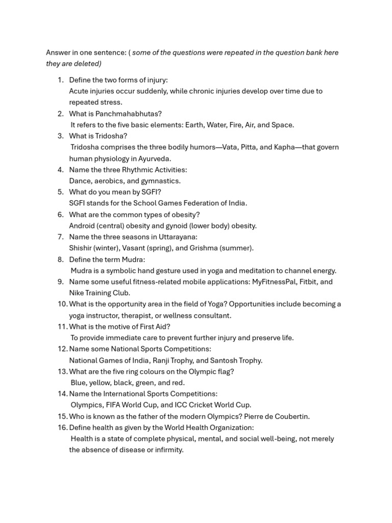 P.E Question Bank Answers. | PDF | Sports | Ayurveda