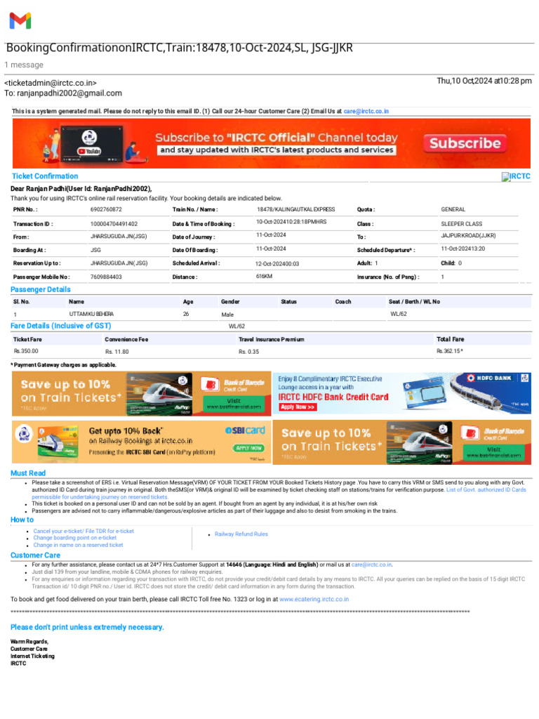 Gmail - Booking Confirmation On IRCTC, Train - 18478, 10-Oct-2024, SL ...