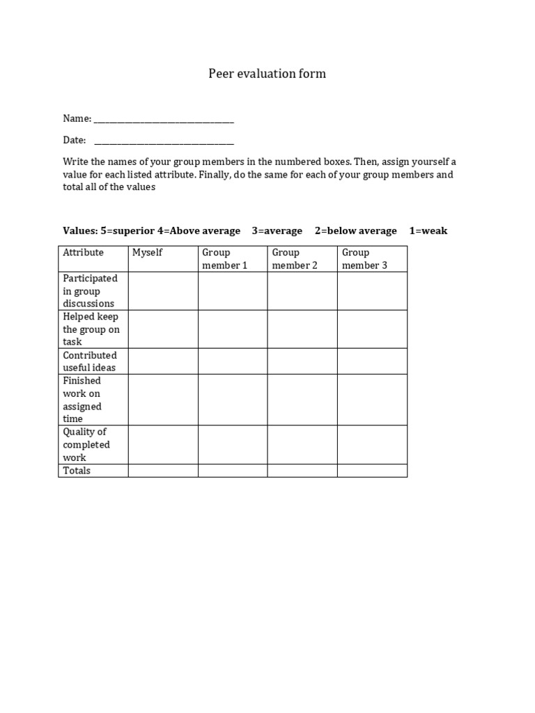 Peer Evaluation Form Template Pdf