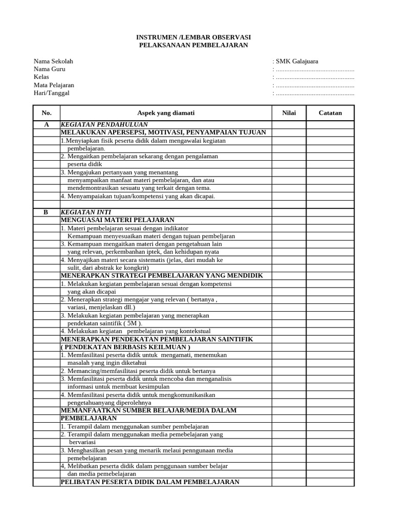 Lembar Observasi Supervisi Smk | PDF
