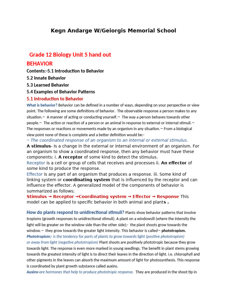 Grade 12 - Unit 5 Biology Handout and Worksheet U5 | PDF | Classical ...