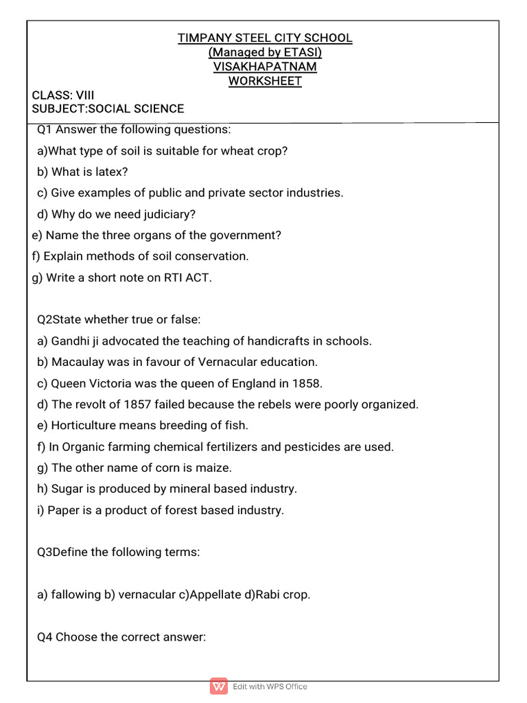 Class VIII Social Science Worksheet | PDF