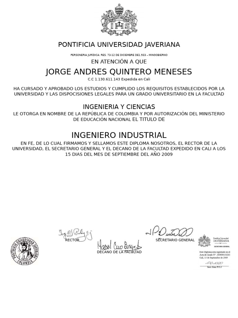 Diploma Derecho Universidad Javeriana | PDF