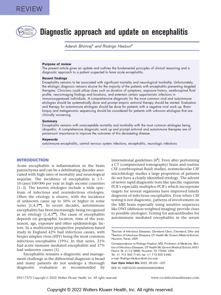 Diagnostic Approach and Update On Encephalitis | PDF