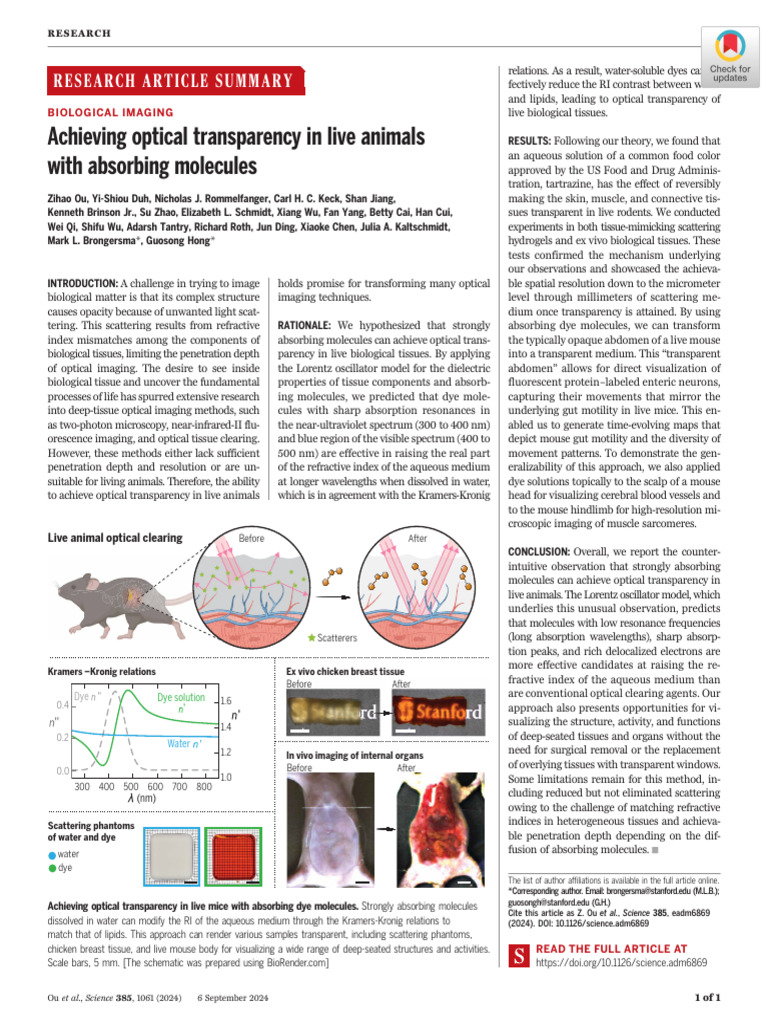 Achieving Optical Transparency in Live Animals With Absorbing Molecules ...