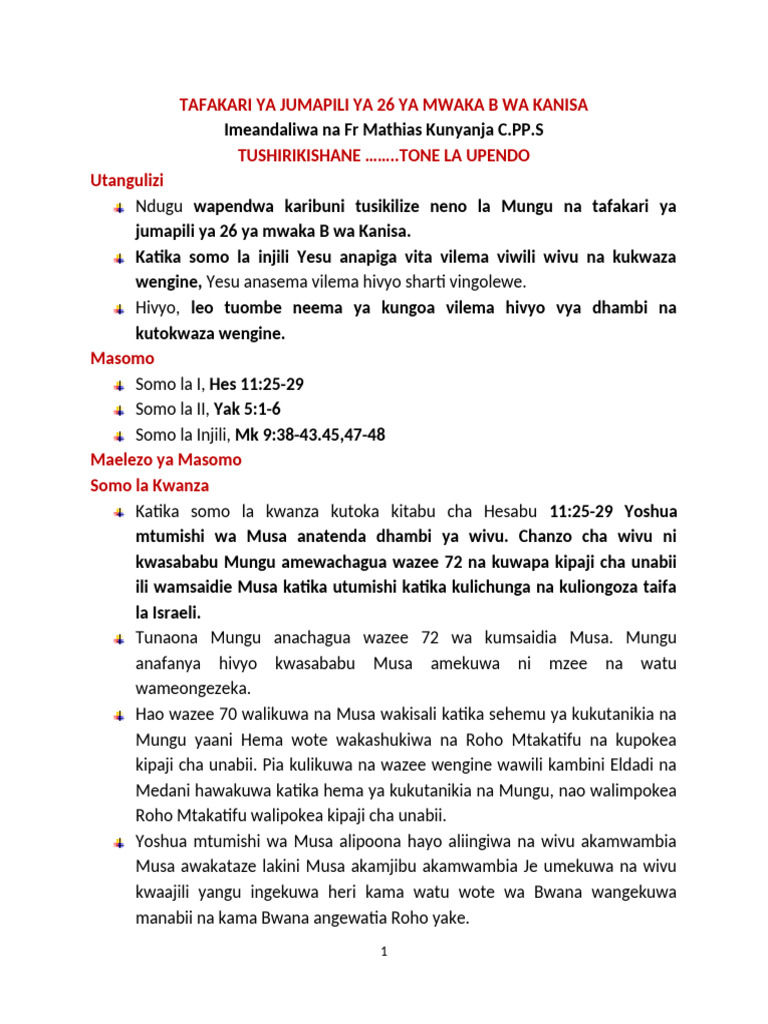 Tafakari Ya Jumapili Ya 26 Ya Mwaka B Wa Kanisa-1 | PDF