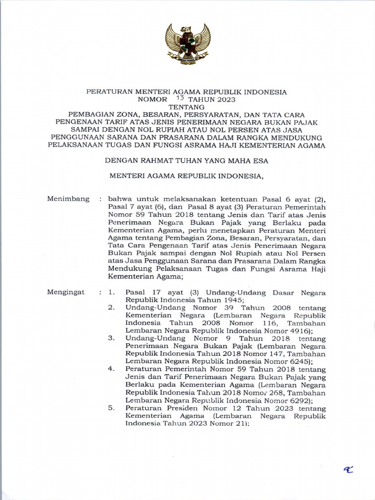 PMA 13 TH 2023 Zona Tarif Asrama Haji | PDF