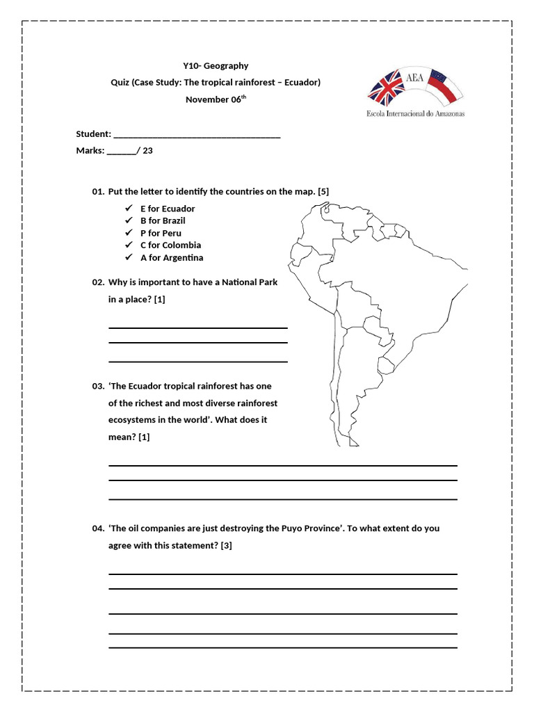 Quiz (Case Study - The Tropical Rainforest - Ecuador) | PDF