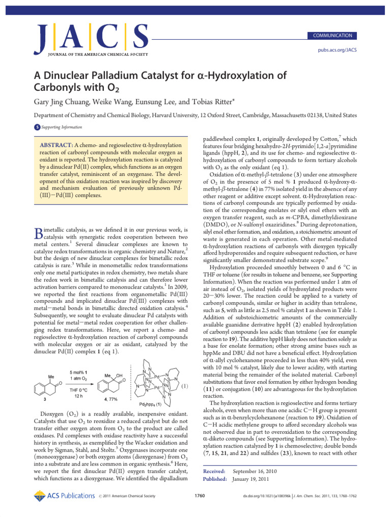 A Dinuclear Palladium Catalyst for r-Hydroxylation | PDF | Chemical Reactions | Catalysis