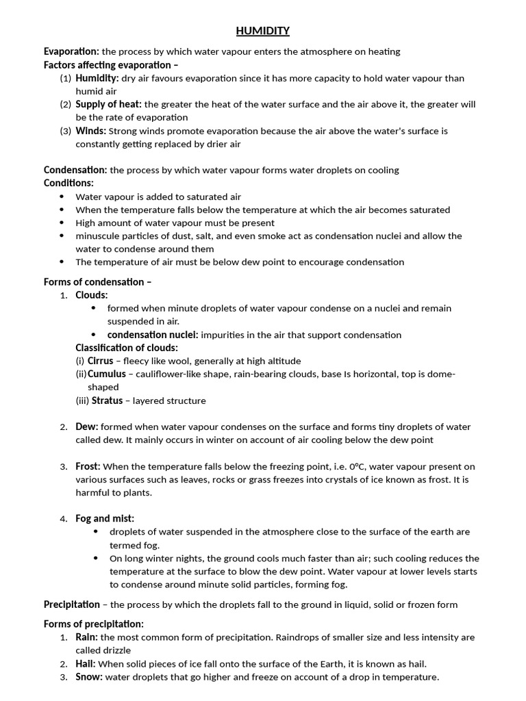 Notes - Humidity - ICSE CLASS 10 | PDF | Precipitation | Humidity