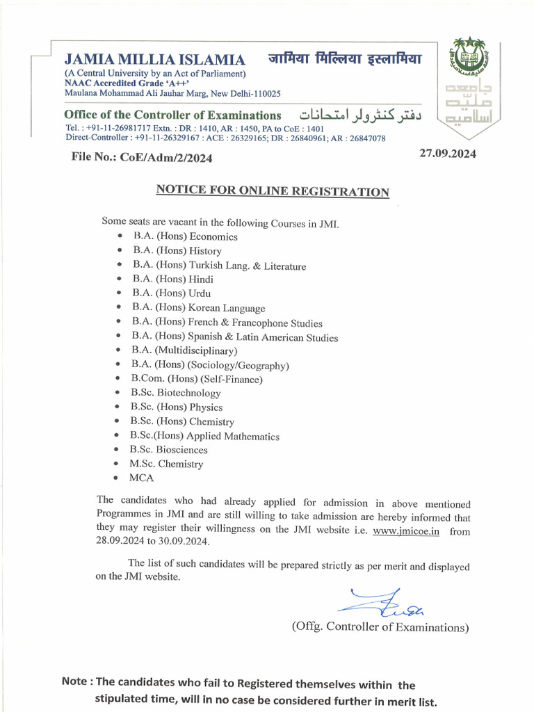 Jmi Spot Admission Notice-1 | PDF