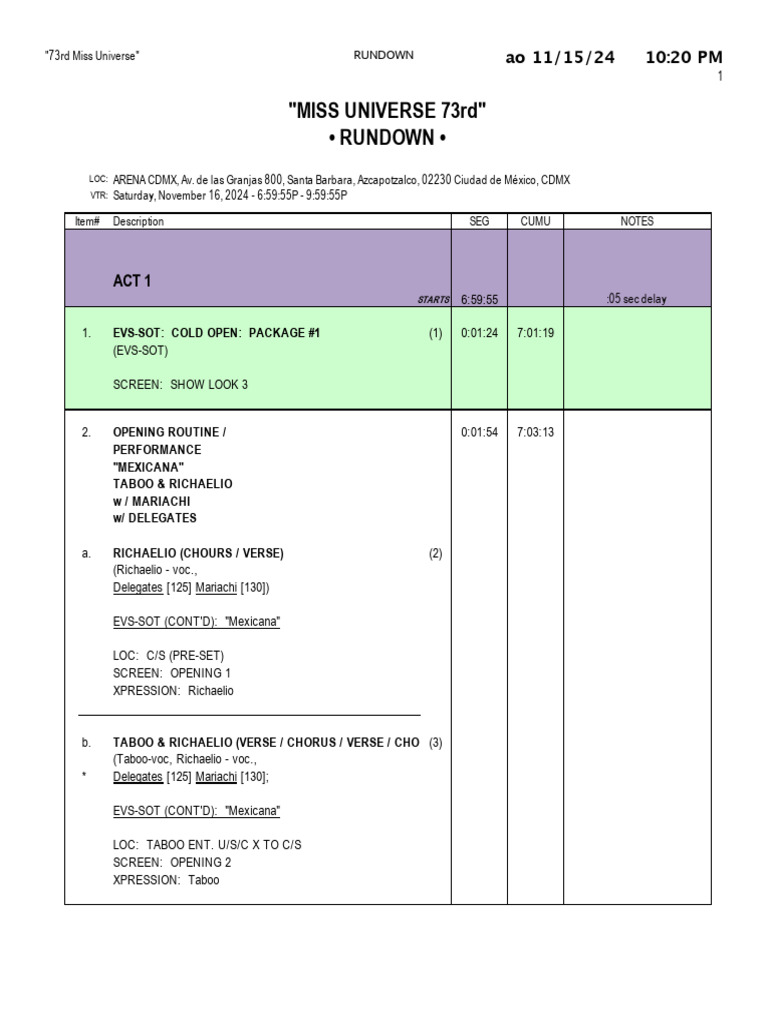 Rundown 11-15-2024 - 73rd Miss Universe | PDF