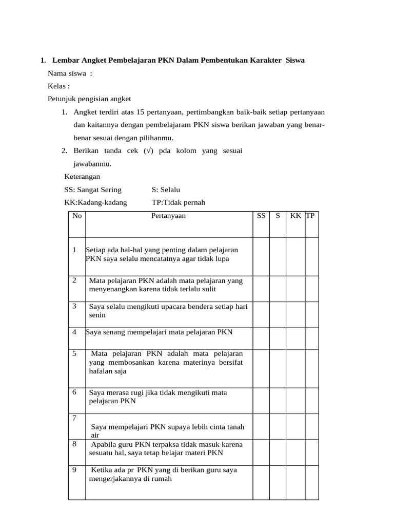 Contoh Angket Mata KUliah PKN Semester 1 | PDF