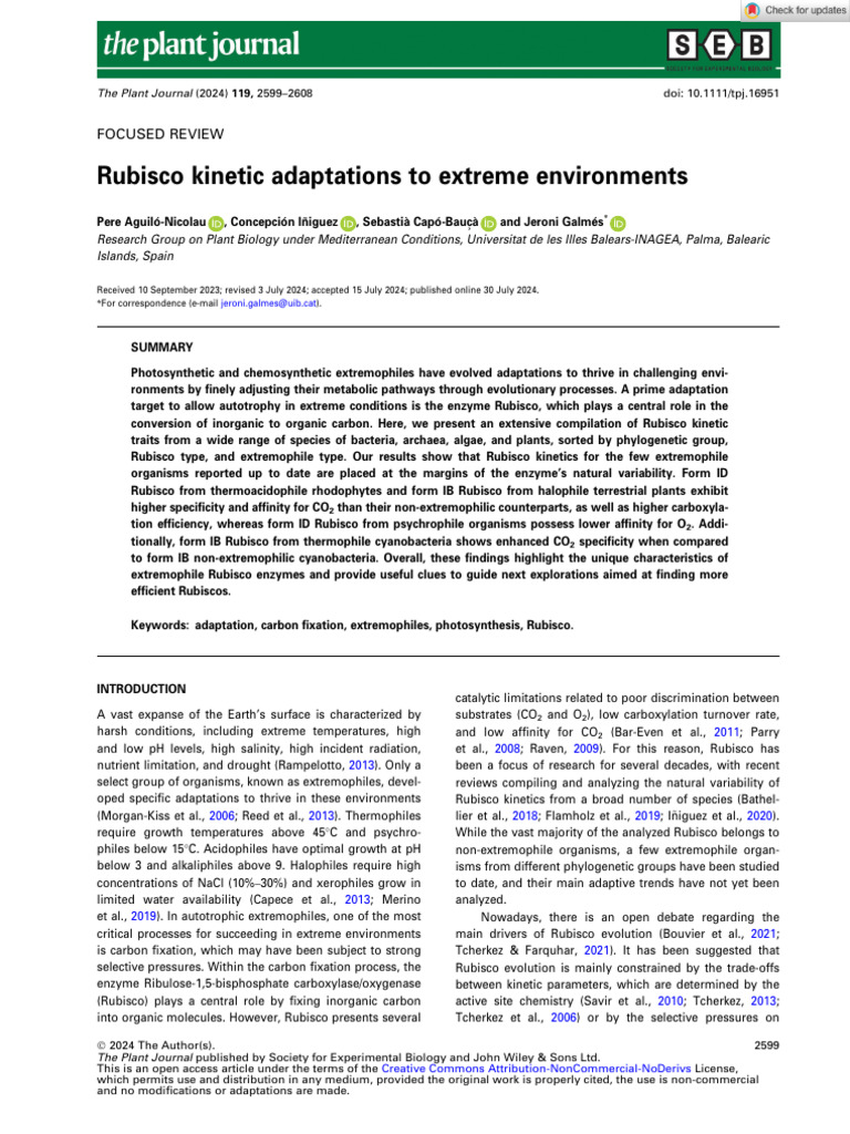 The Plant Journal - 2024 - Aguiló Nicolau - Rubisco Kinetic Adaptations ...