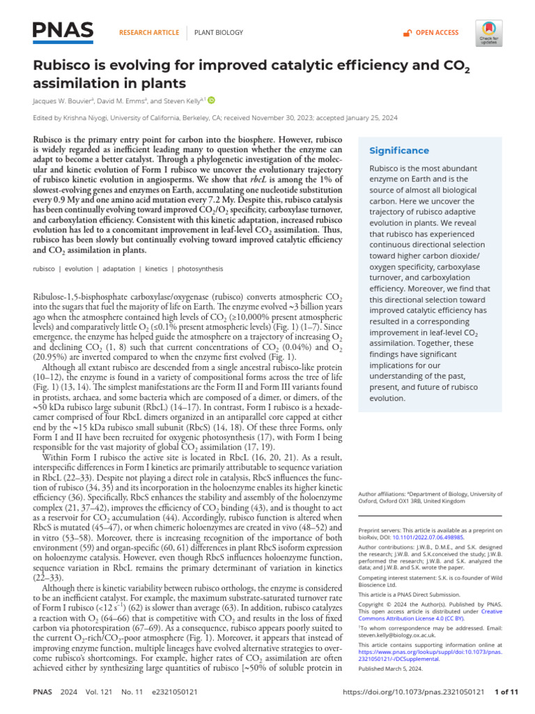 Rubisco Is Evolving For Improved Catalytic Efficiency and CO2 Assimilation in Plants | PDF ...