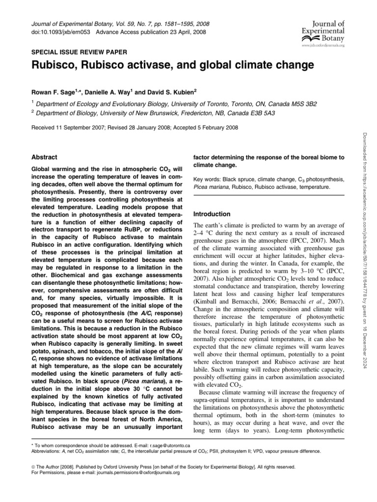Rubisco, Rubisco Activase, and Global Climate Change | PDF ...