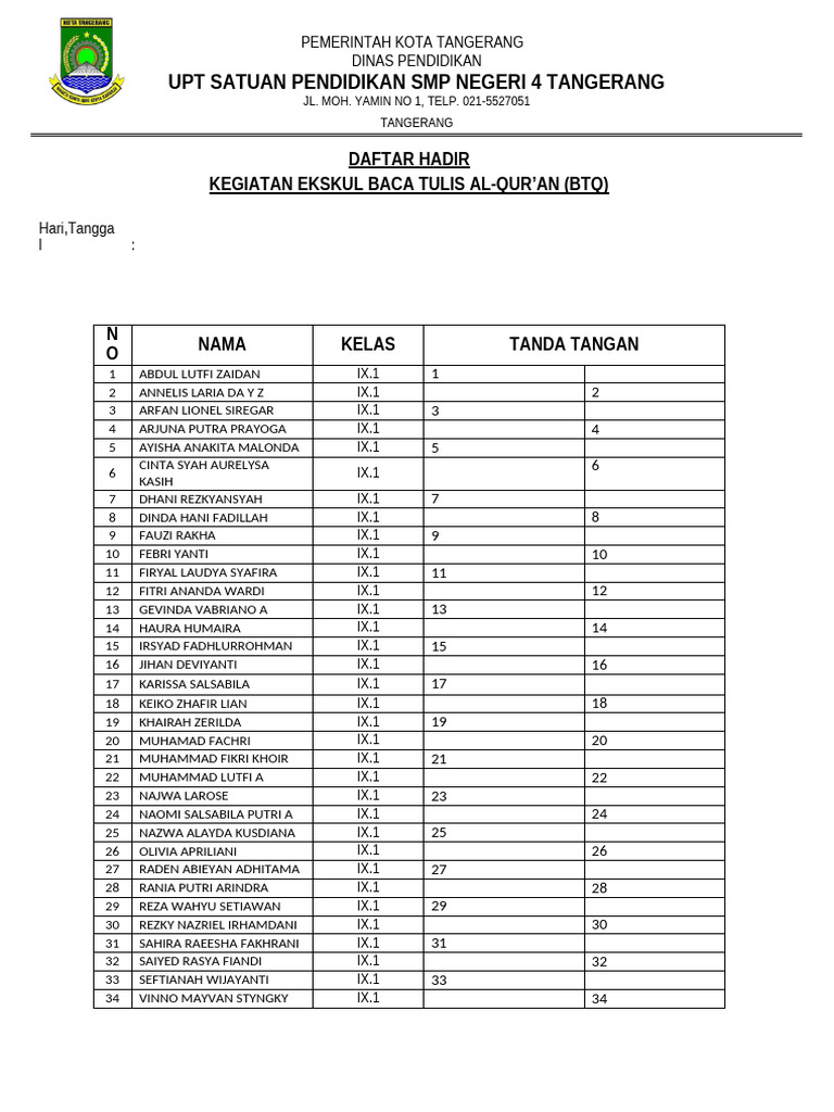 ABSEN TTD KELAS 9 | PDF