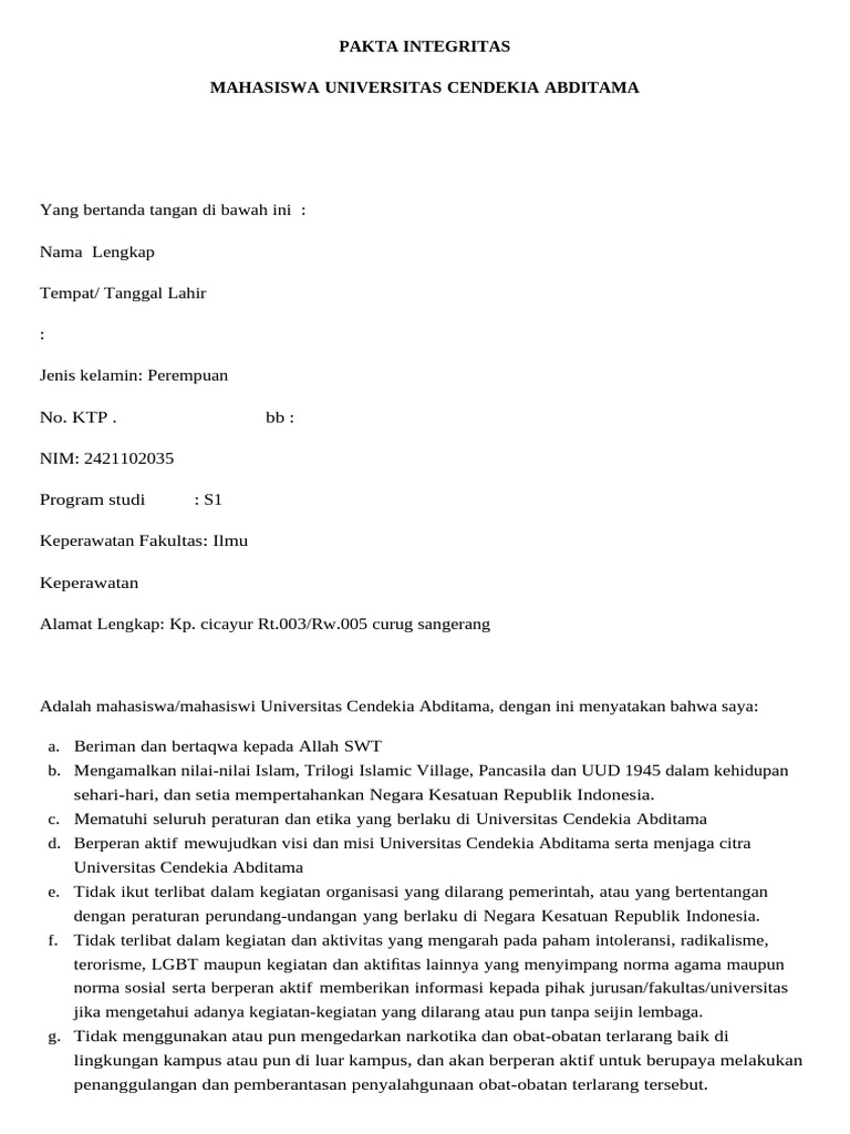 Pakta Integritas Mahasiswa Abditama | PDF