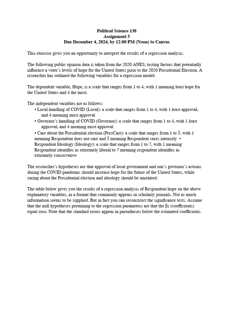 Pol - 138 - Assignment - 5 (Mariah Wilson) | PDF | Regression Analysis | Dependent And ...