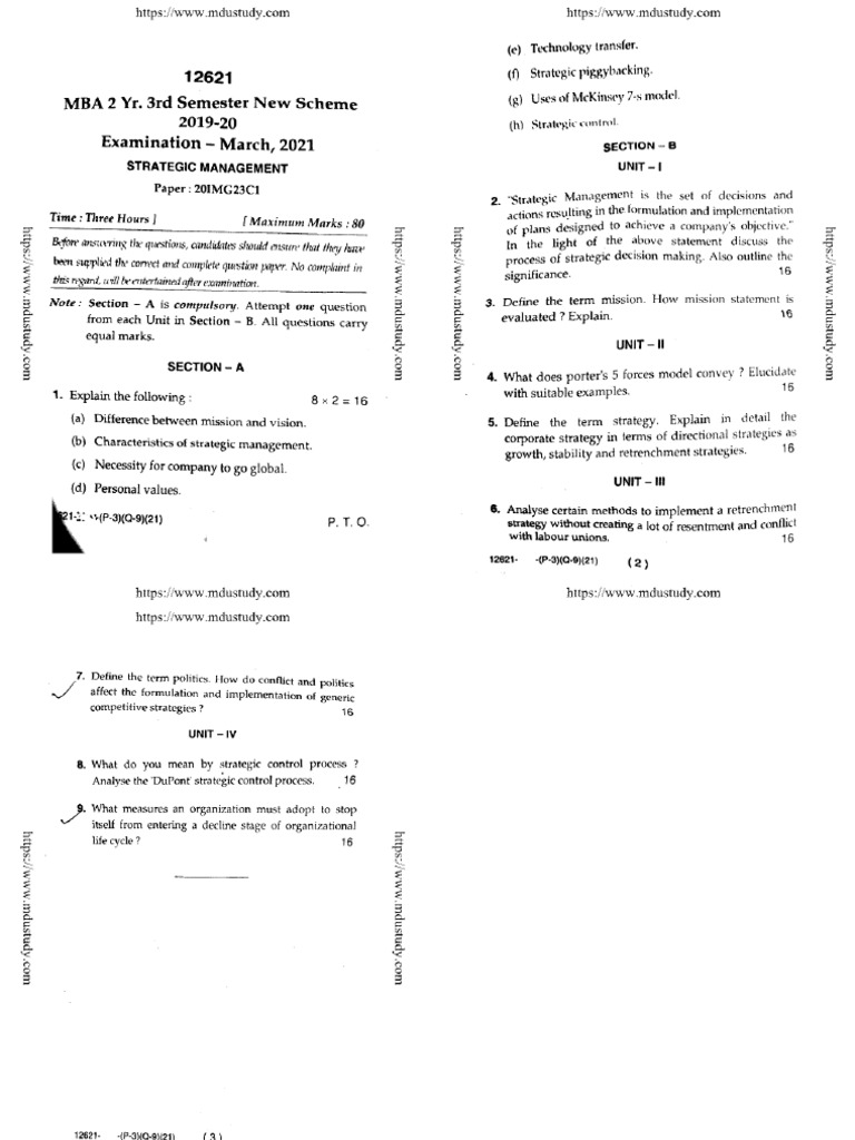 Mba 3 Sem Strategic Management 12621 Mar 2021 | PDF