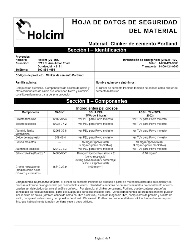 Hoja de Datos de Seguridad Del Material Cemento Holcin | PDF
