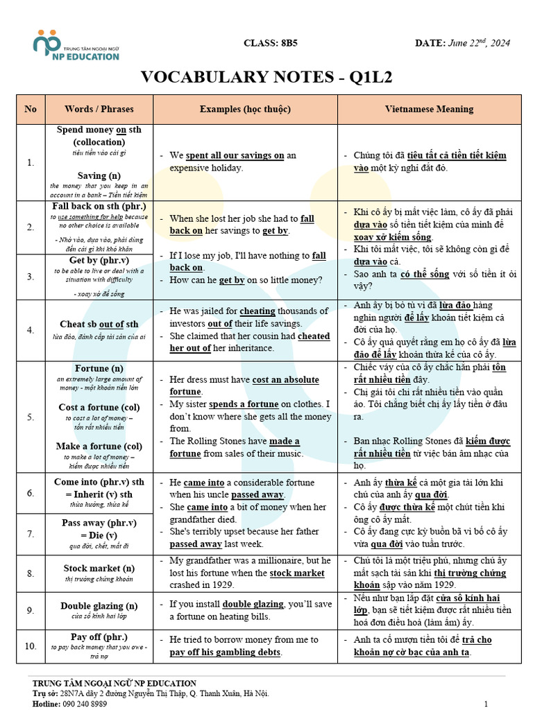 Vocabulary Notes | PDF