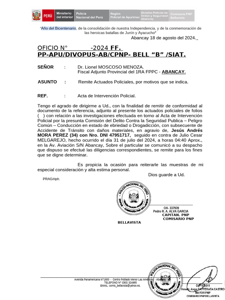 Oficio Remite Actuados a La Fiscalia de Transito | PDF