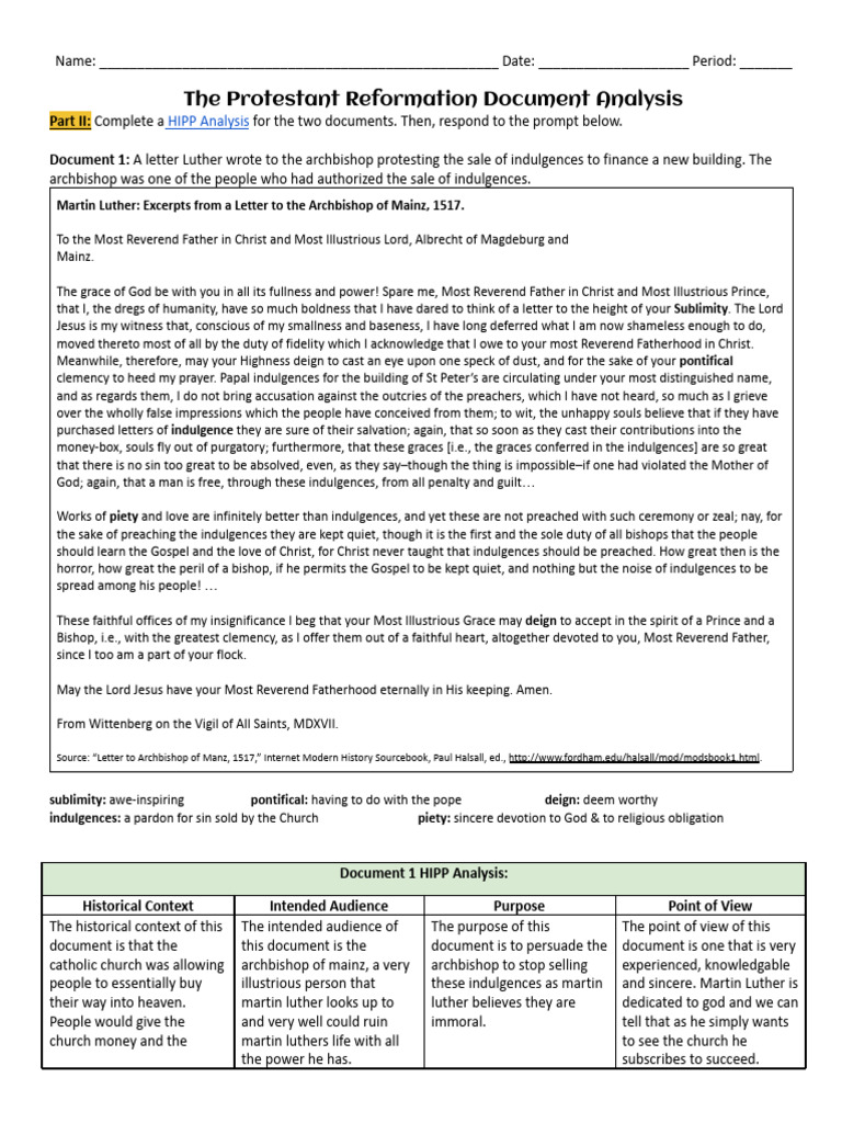 Protestant Reformation Document Analysis | PDF | Indulgence | Martin Luther