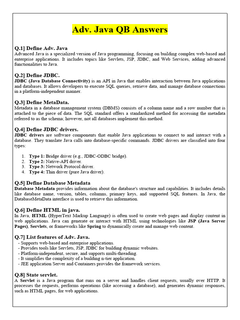 Adv. Java QB ESEmy | PDF | Document Object Model | Database Transaction Adv. Java QB ESEmy | PDF | Document Object Model | Database Transaction