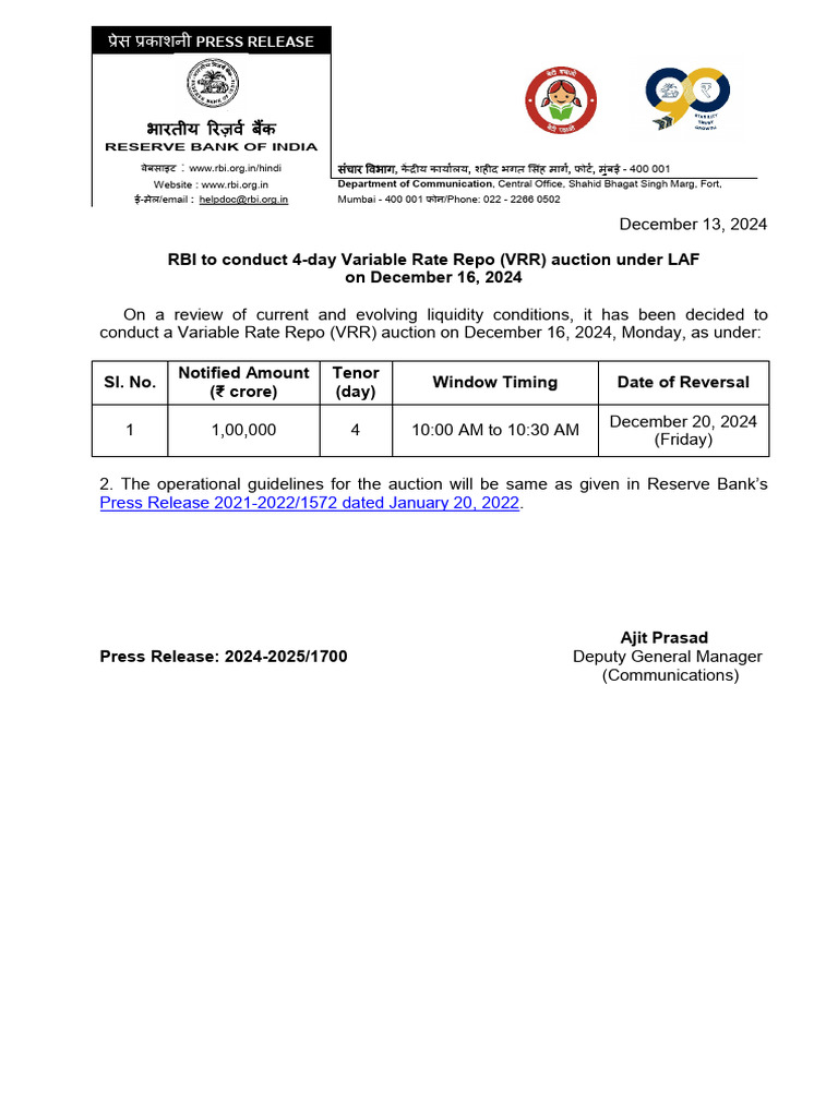 RBI 4-Day VRR Auction on Dec 16, 2024 | PDF