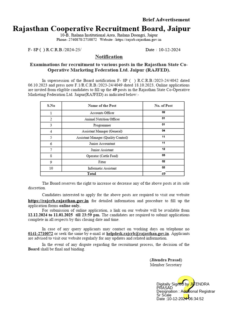 RAJFED Various Posts Recruitment 2024 Details Notification | PDF ...