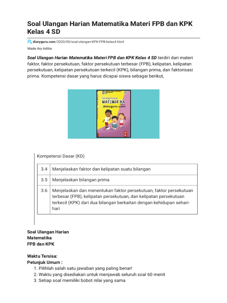 Soal Ulangan Harian Matematika Materi FPB Dan KPK Kelas 4 SD | PDF
