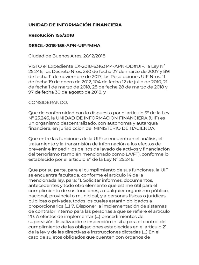 Resolución UIF N155-2018 Reglamentación del procedimiento de ...