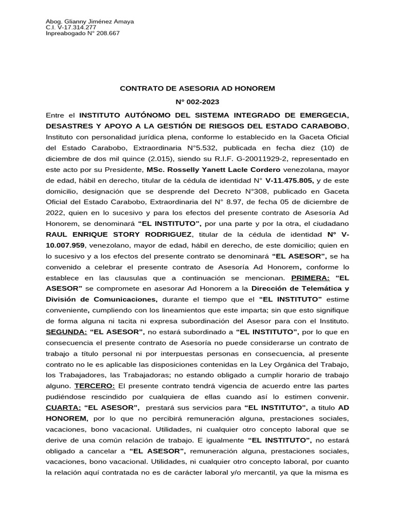 Contrato de Asesoría Ad Honorem 2023 | PDF | Gobierno | Justicia