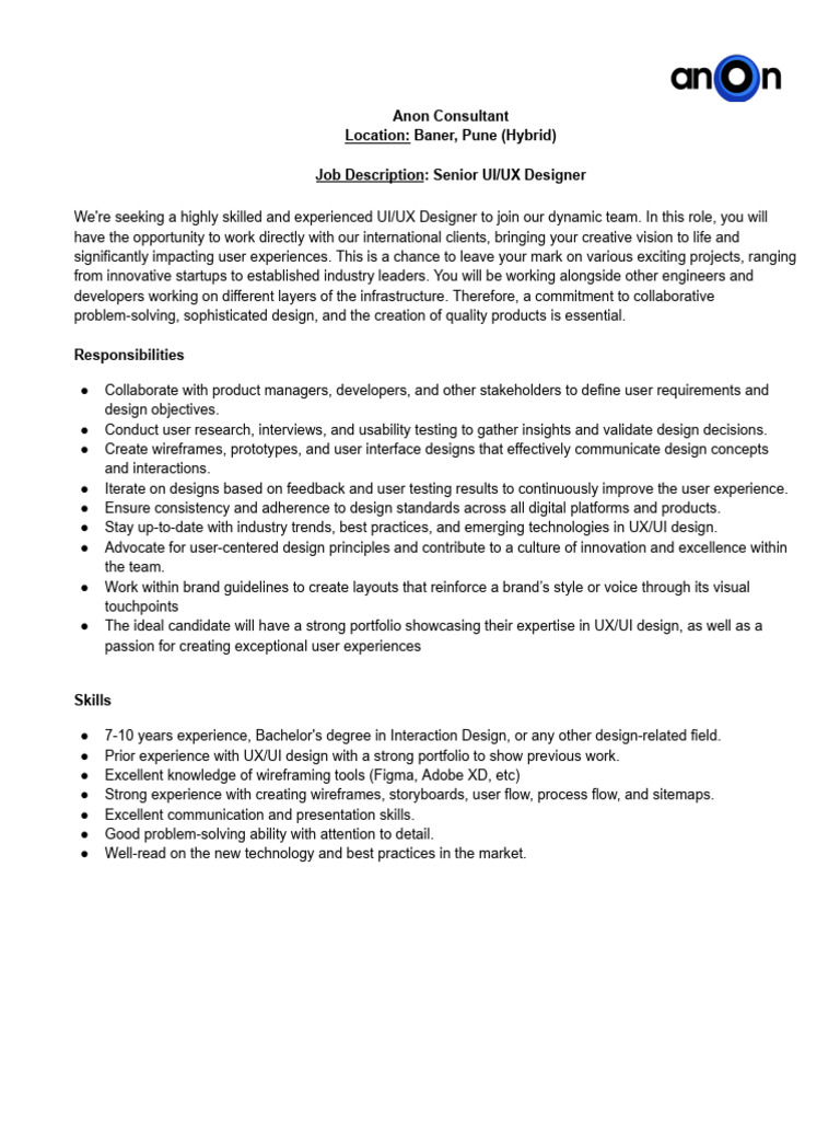 JD - Senior UI - UX Designer | PDF | User Interface Design | Human ...