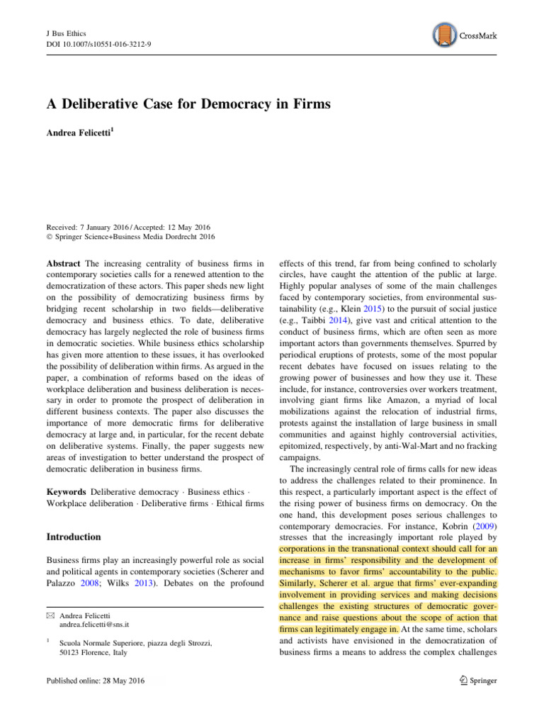 A Deliberative Case For Democracy in Firms | PDF | Deliberation | Deliberative Democracy