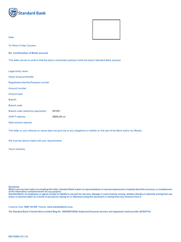 Standard Bank Account Confirmation Letter | PDF | Banks | Financial ...