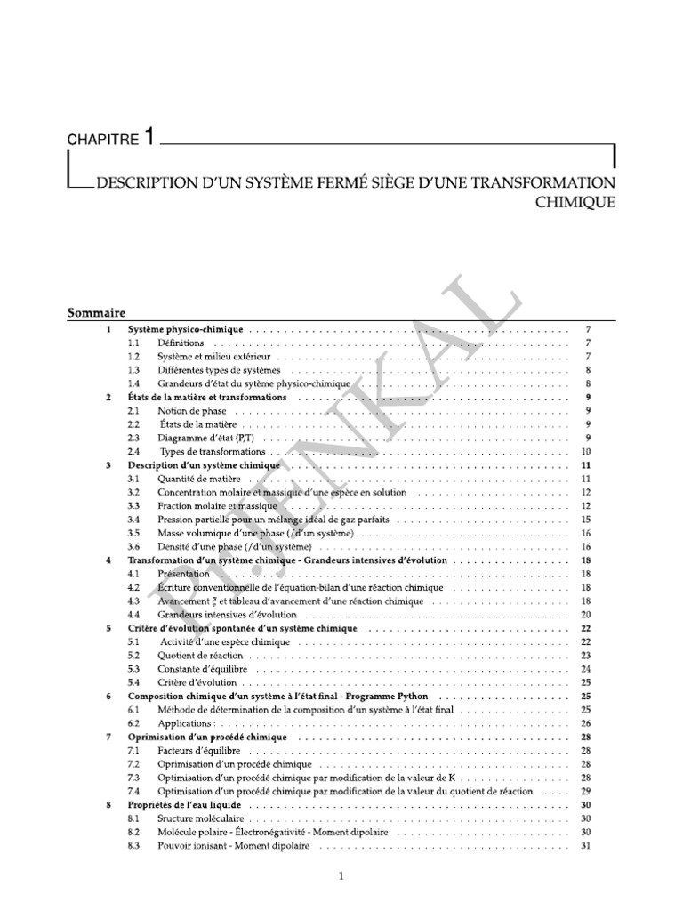 Chapitre 1 - Description D'un Système Fermé Siège D'une Transformation ...