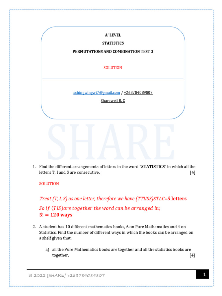 Test 3 Solution Permutations And Combinations Statistics Share Pdf Mathematics Combinatorics