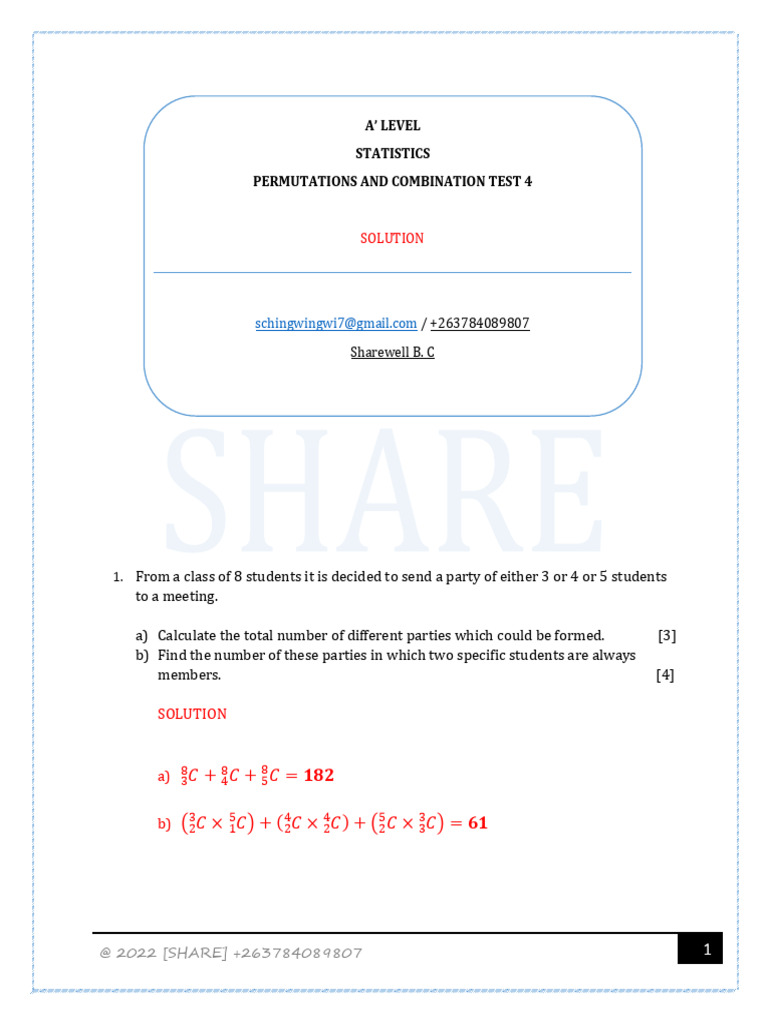 Test 4 Solution Permutations And Combinations Statistics Share Pdf