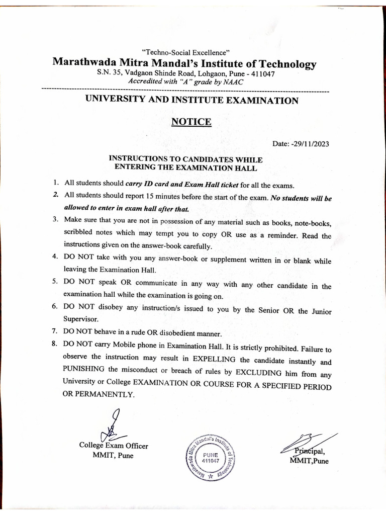 Instructions to Candidates During Exams | PDF