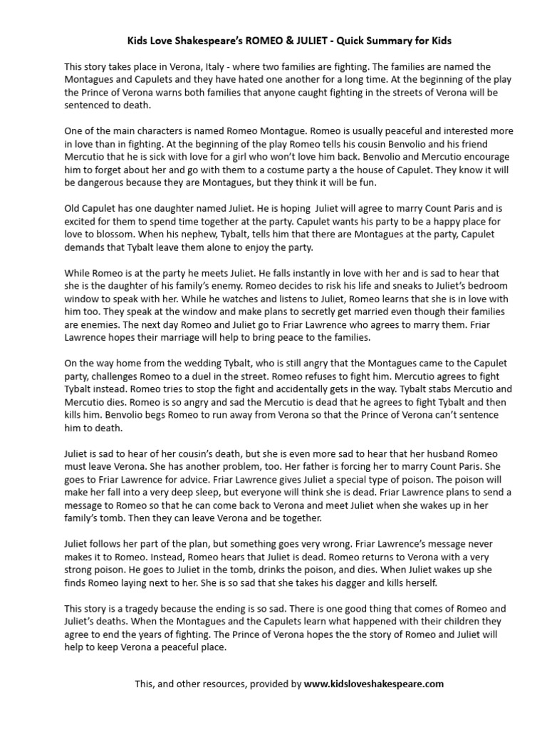 Kids' Summary of Romeo and Juliet | PDF | Characters In Romeo And ...