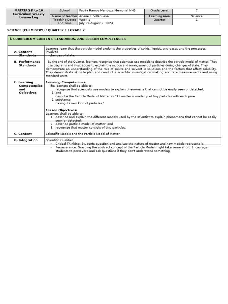 Q1_LE_Science 7_Lesson 1_Week 1 | PDF | Conceptual Model | Atoms