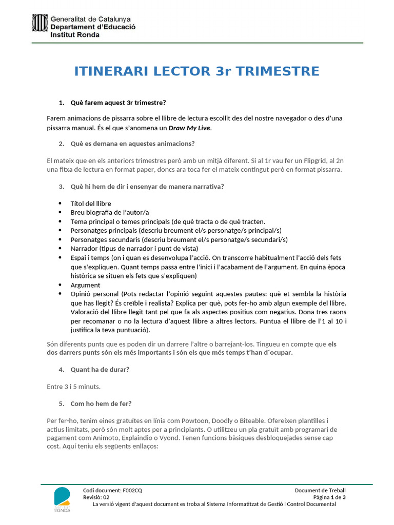 Itinerari Lector 3r ESO - 3r Trimestre | PDF